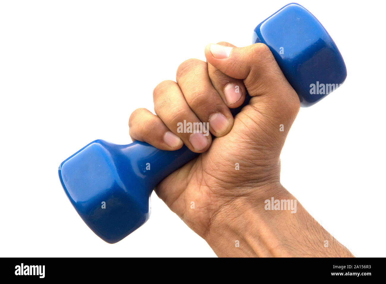 Brown hand holding a blue dumbbell on white background. Lifting weights ...