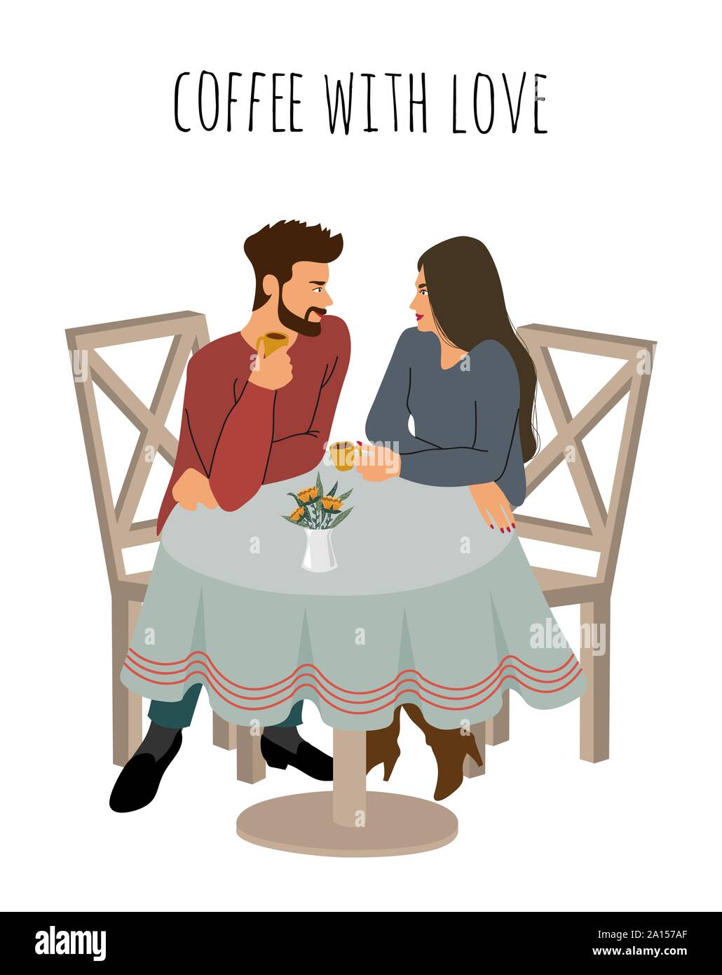 Young Girl And A Guy Are Drinking Hot Coffee In A Cafe Cute Isolated