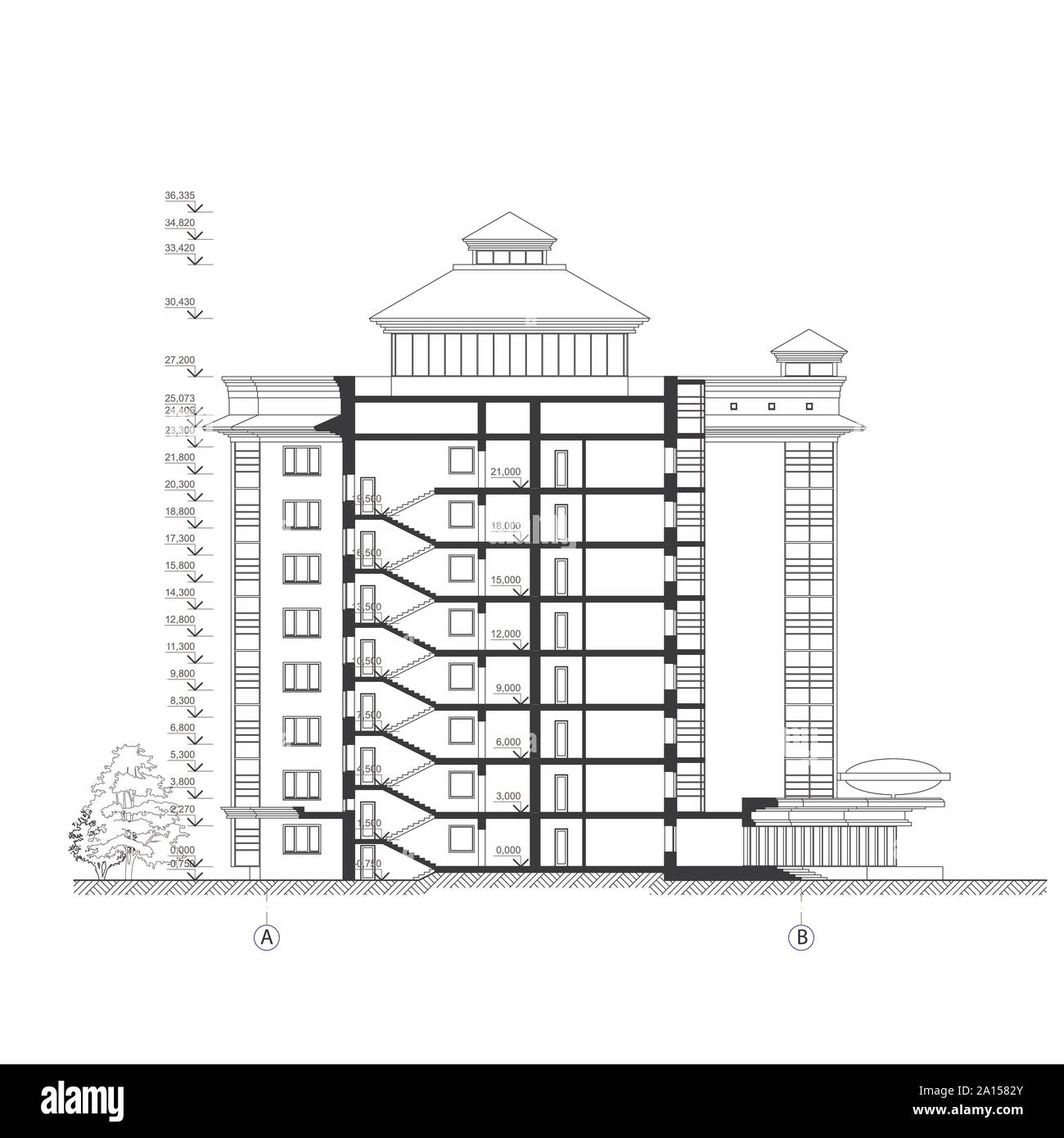 Multistory building section, detailed architectural technical drawing ...