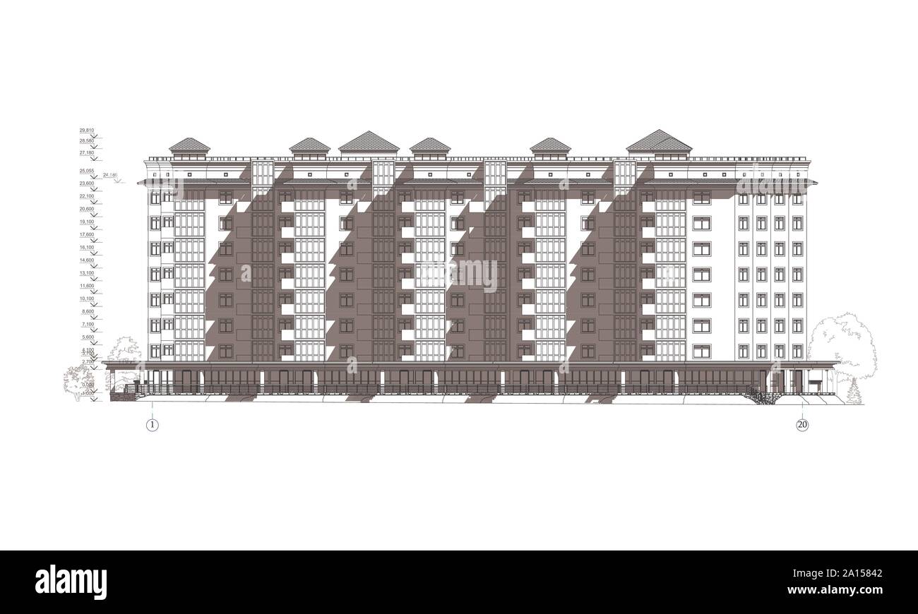 Multistory building section, detailed architectural technical drawing ...