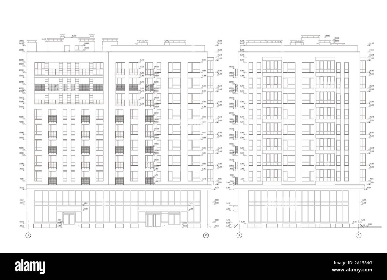 Multistory building section, detailed architectural technical drawing ...
