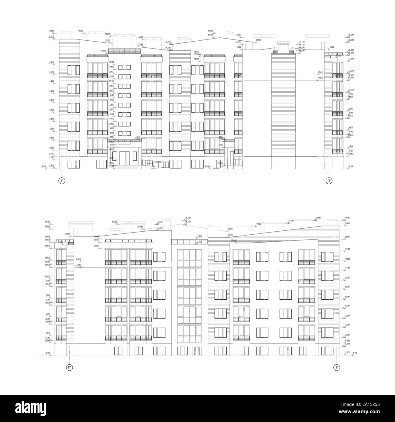 Multistory building section, detailed architectural technical drawing ...