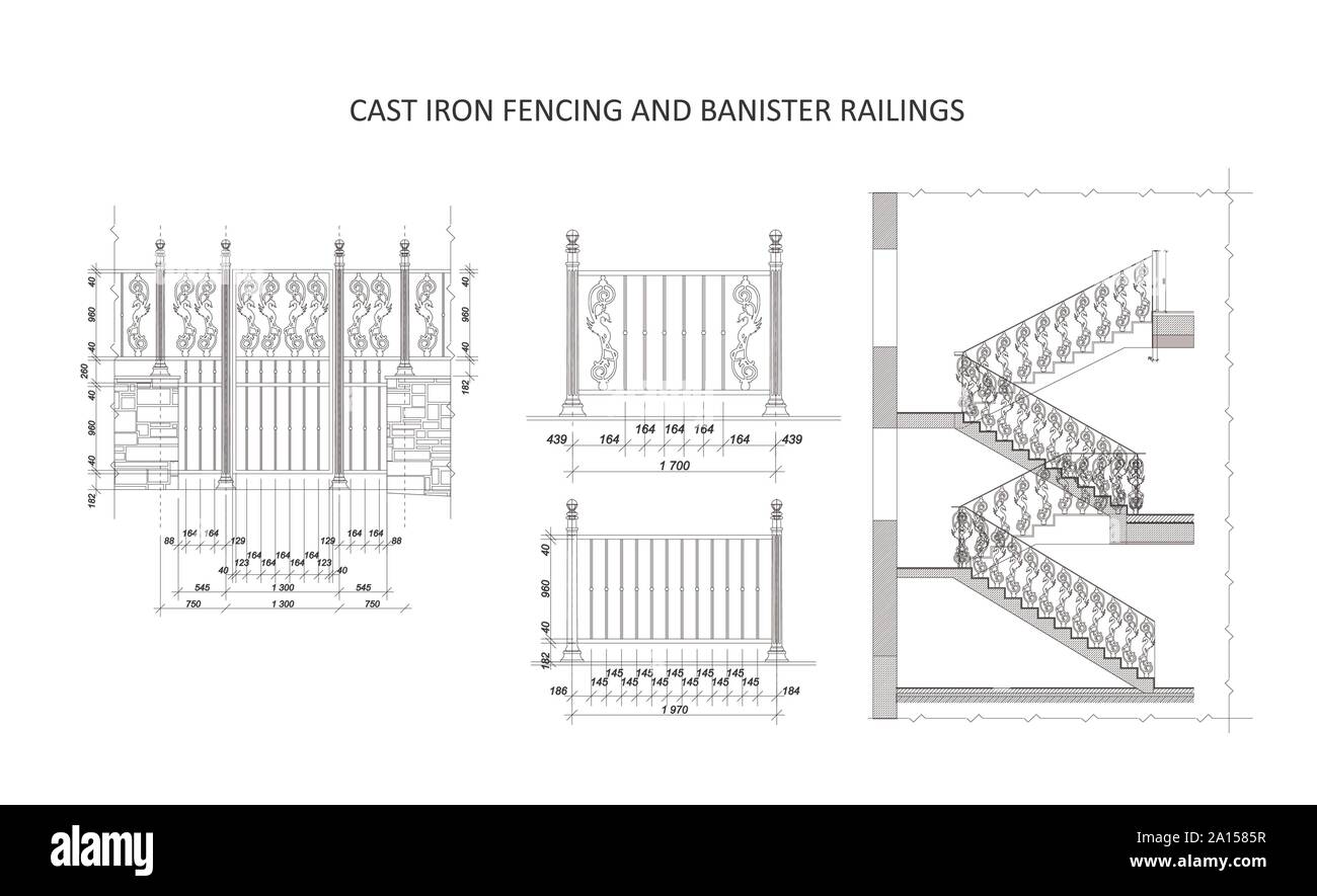 Vector illustration of cast iron fencing and banister railings ...