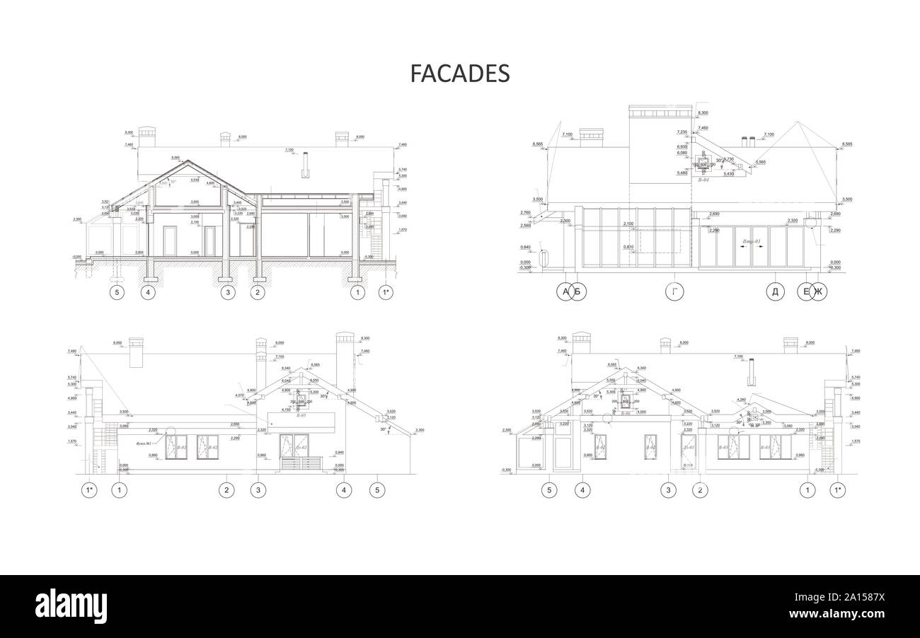 Private house section, detailed architectural technical drawing, vector ...