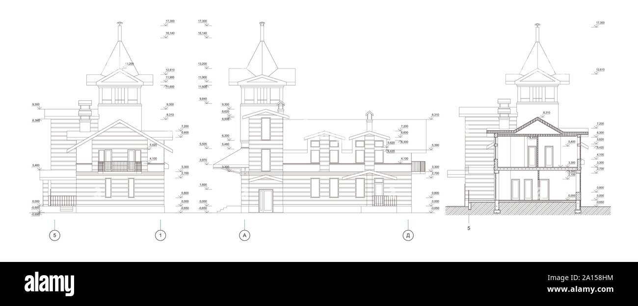 Private house section, detailed architectural technical drawing, vector ...