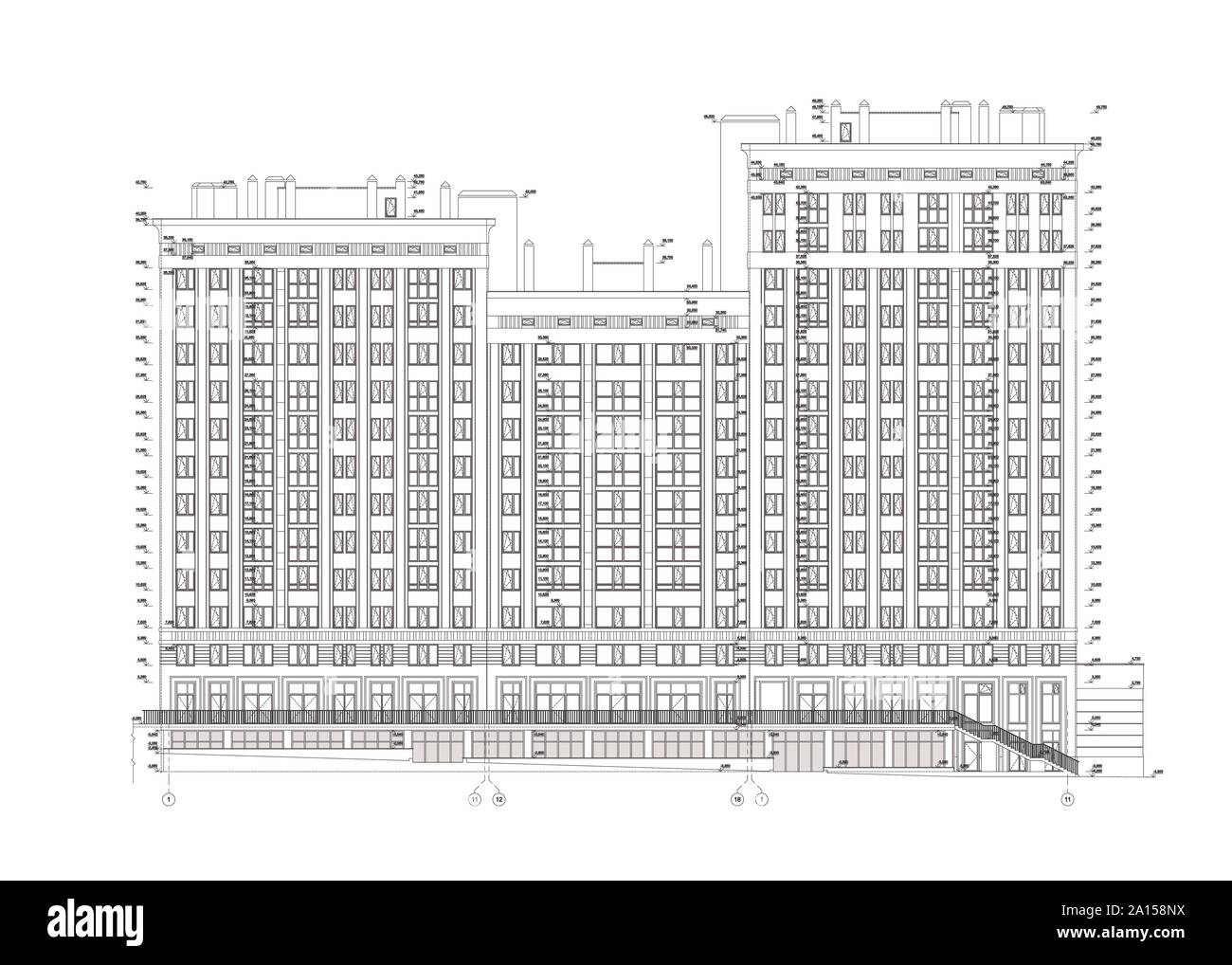 Multistory building section, detailed architectural technical drawing ...