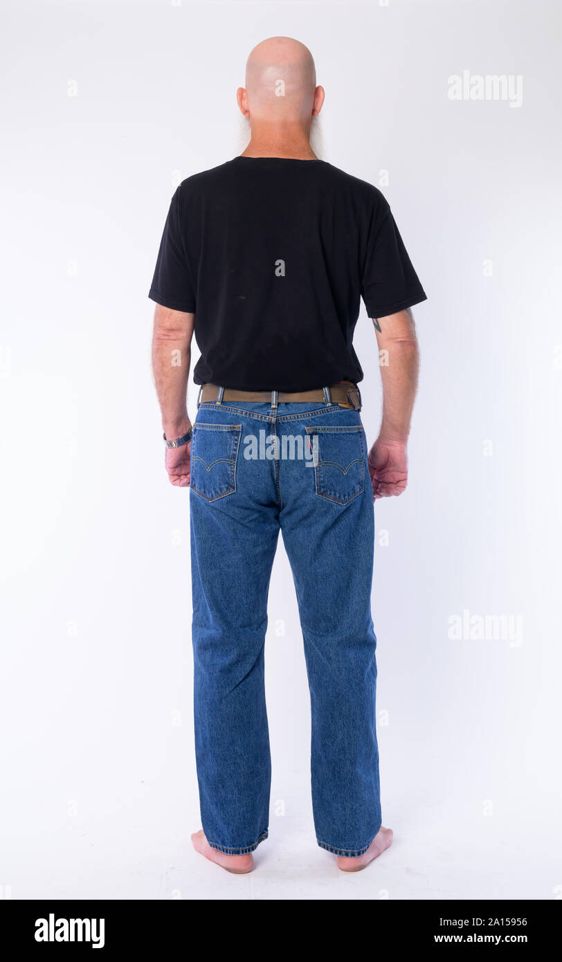 Full body shot rear view of mature bald man with long gray beard Stock ...