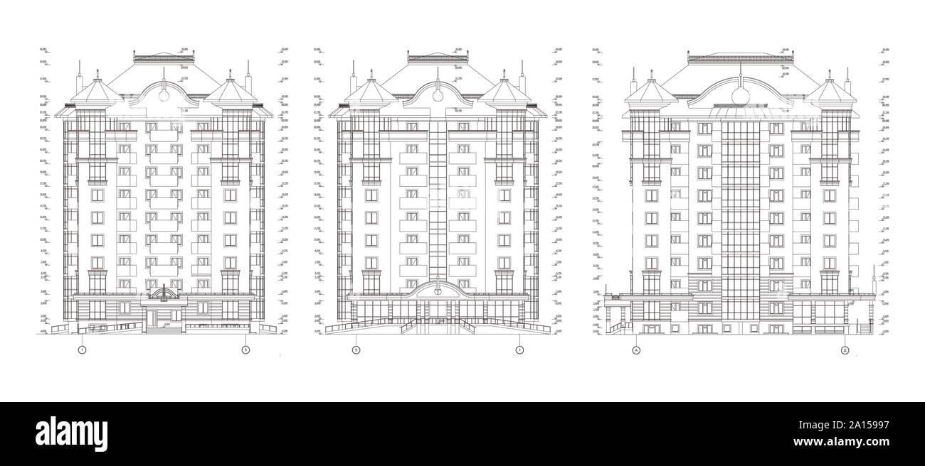 Multistory building facade, detailed architectural technical drawing ...