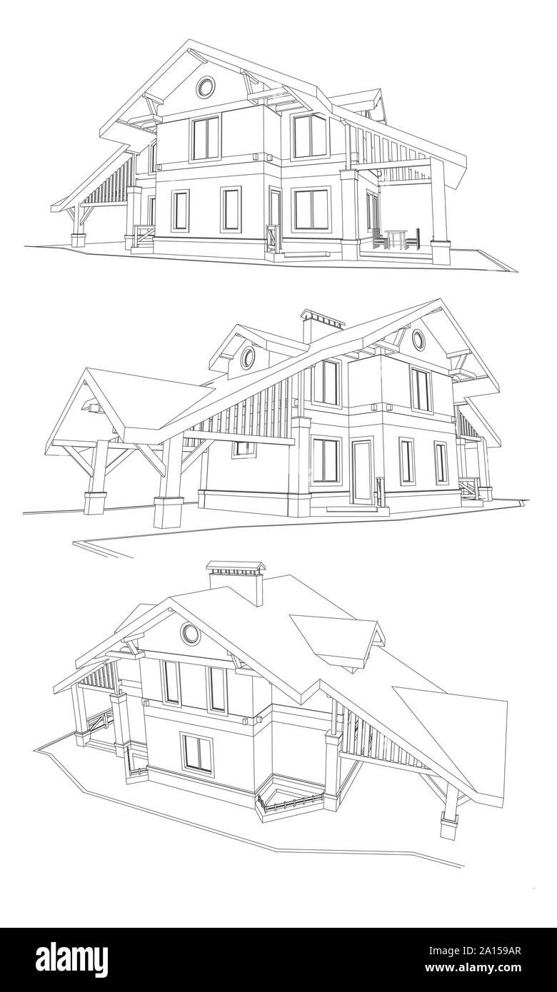 Vector set of private house facades, detailed architectural technical ...