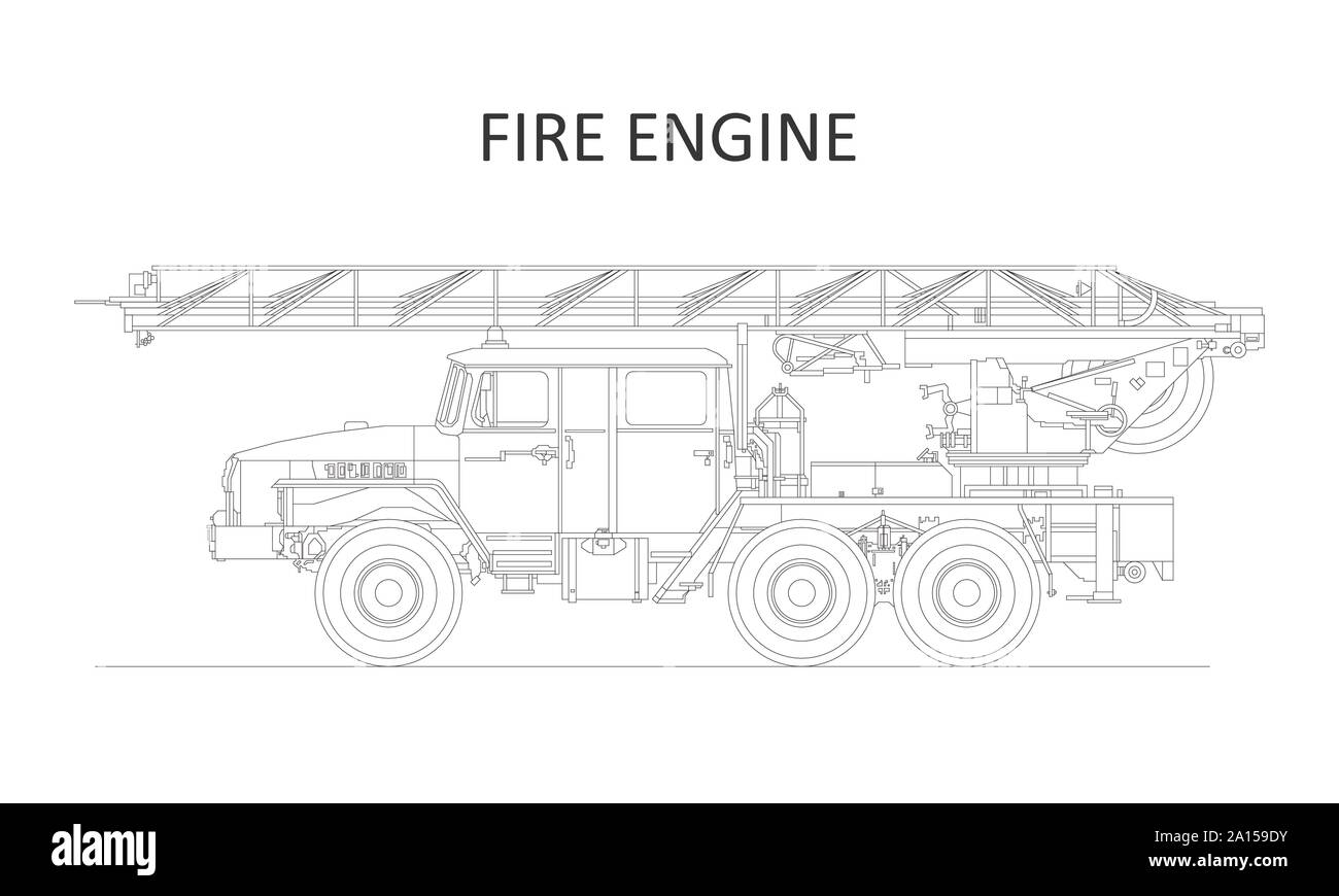 Classic cartoon hand drawn detailed fire engine / fire truck, profile ...