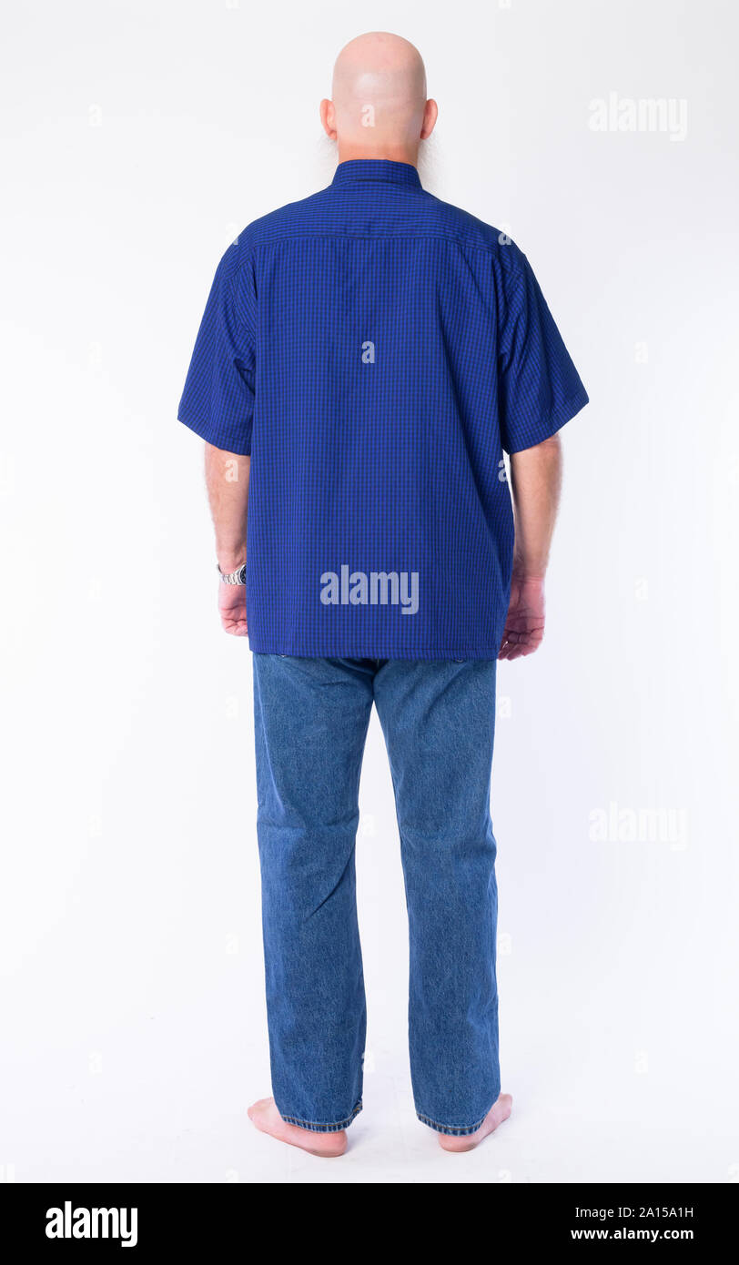 Full body shot rear view of mature bald man with long gray beard Stock ...