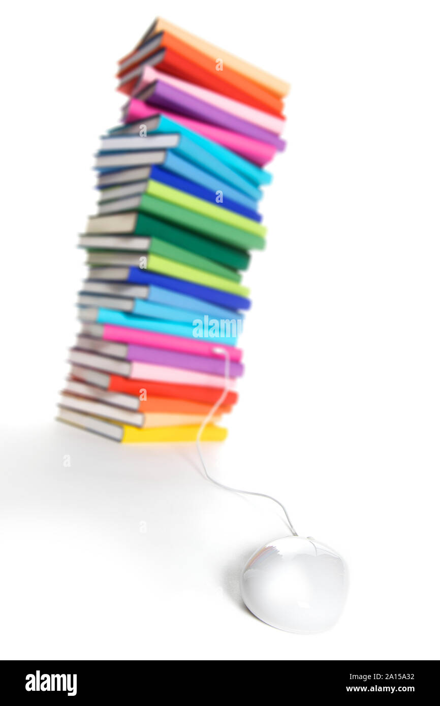 Mouse connected to multi-colored book stack Stock Photo - Alamy