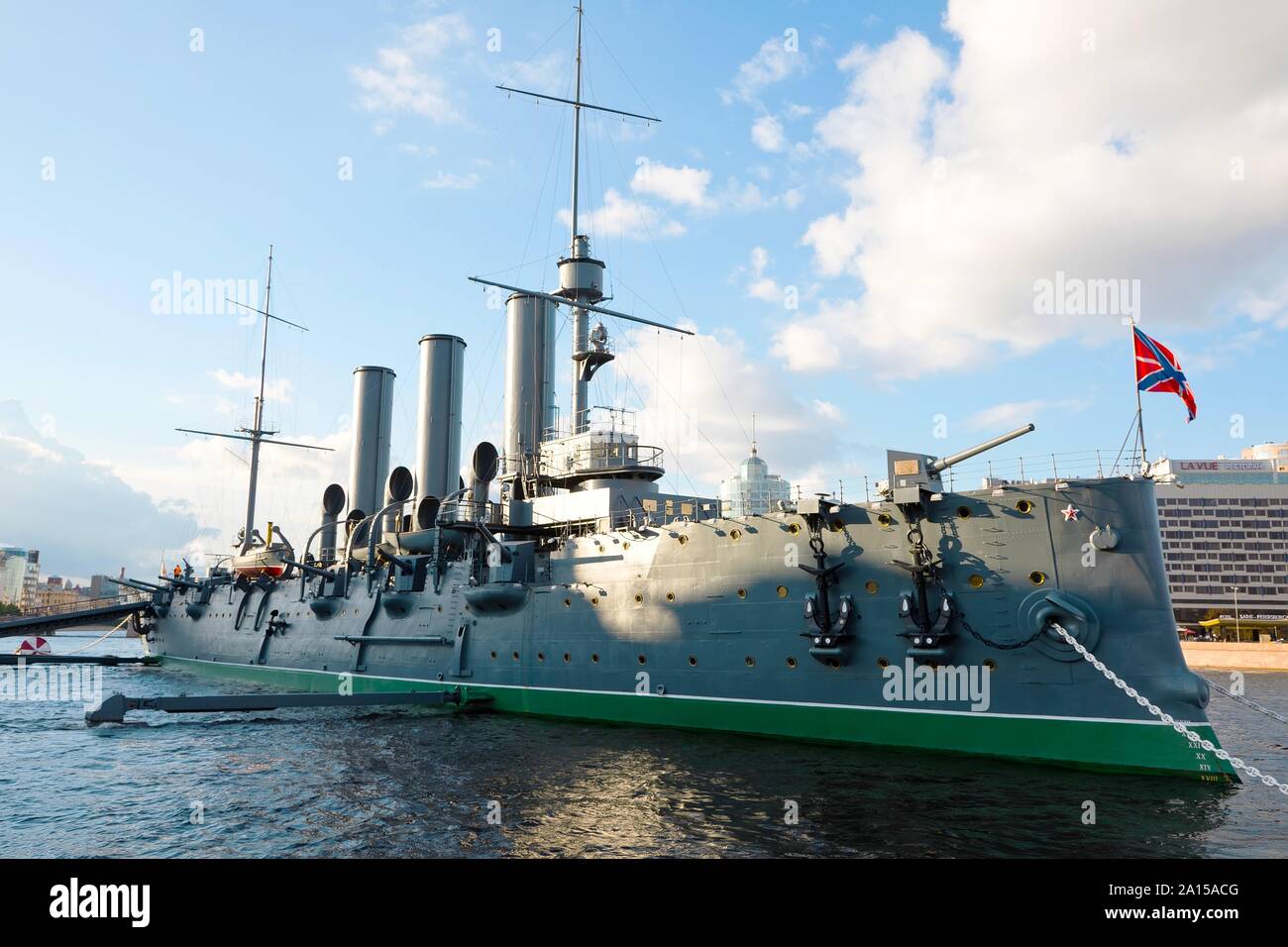St. Petersburg, Russia - July 6, 2019: Avrora cruiser on the Neva river ...