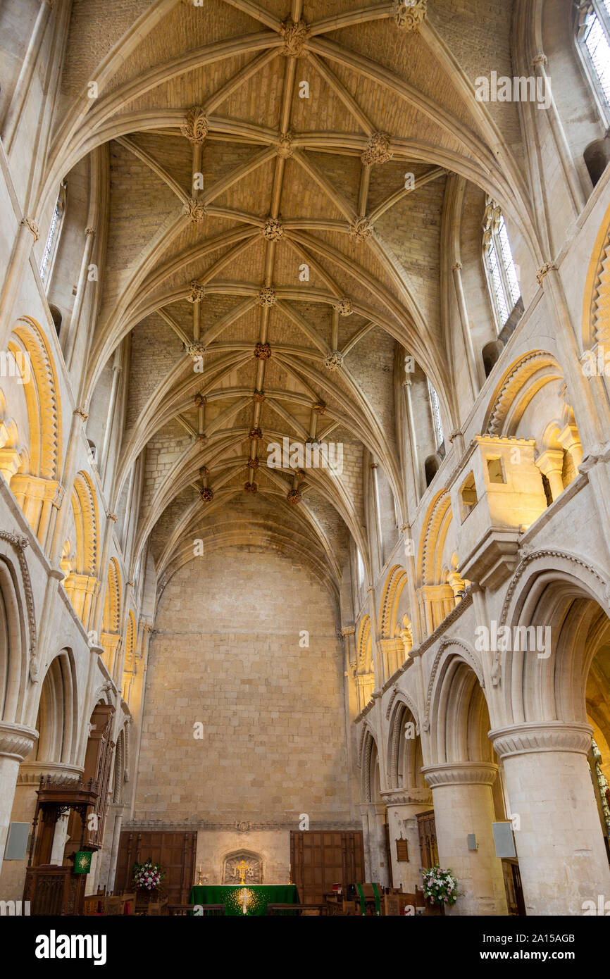 Vaulted roof celing with carved stone bosses inside Malmesbury abbey ...