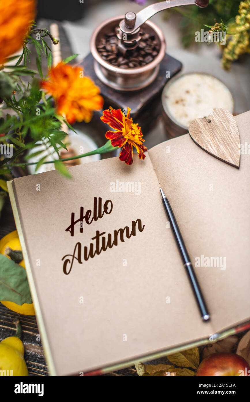 Autumn set of yellow leaves and flowers. Notebook with open pages on ...