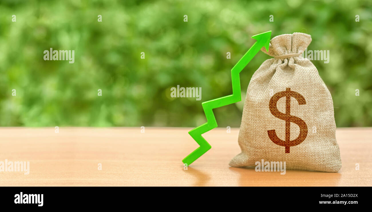 Money bag with dollar symbol and green up arrow. Increase profits and ...