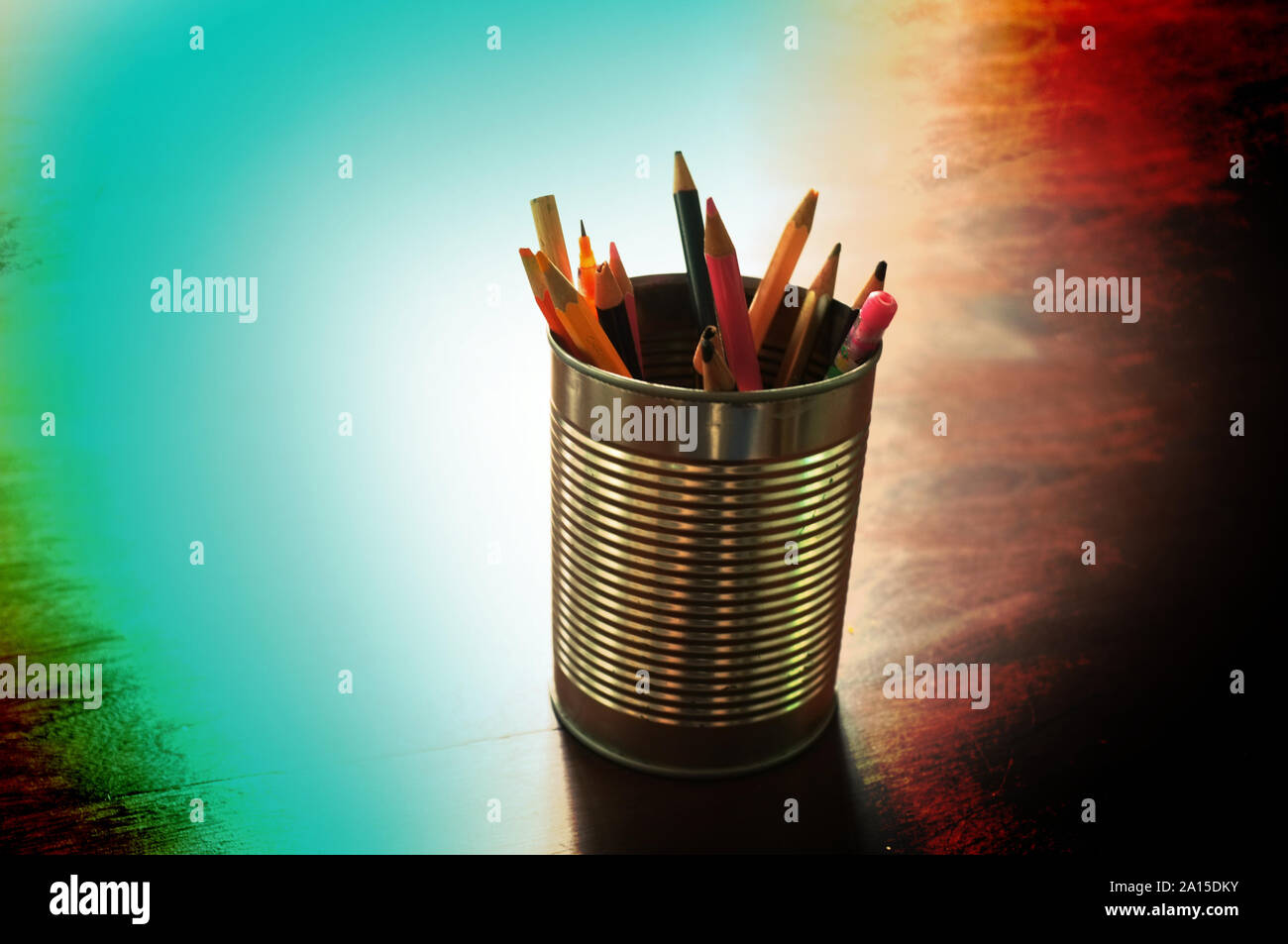 Pen and pencils in tin can, wood table , Concept Back to school Stock ...