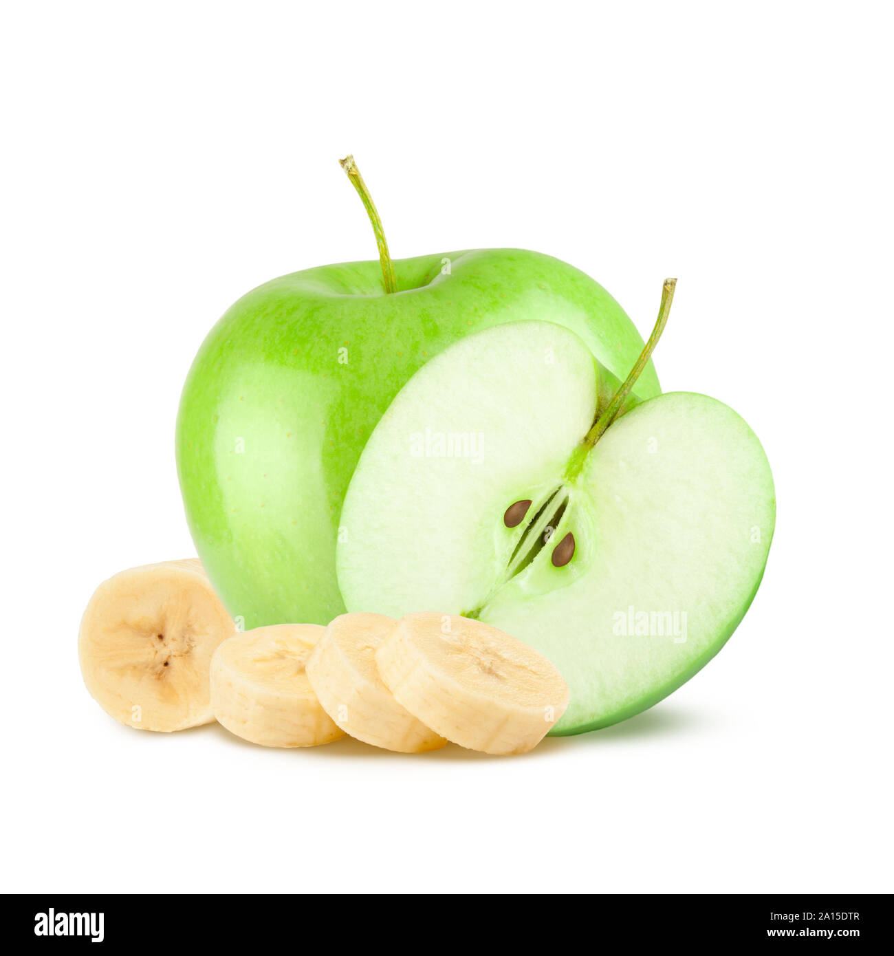 Isolated fruits. Green apples and bananas on white background Stock ...