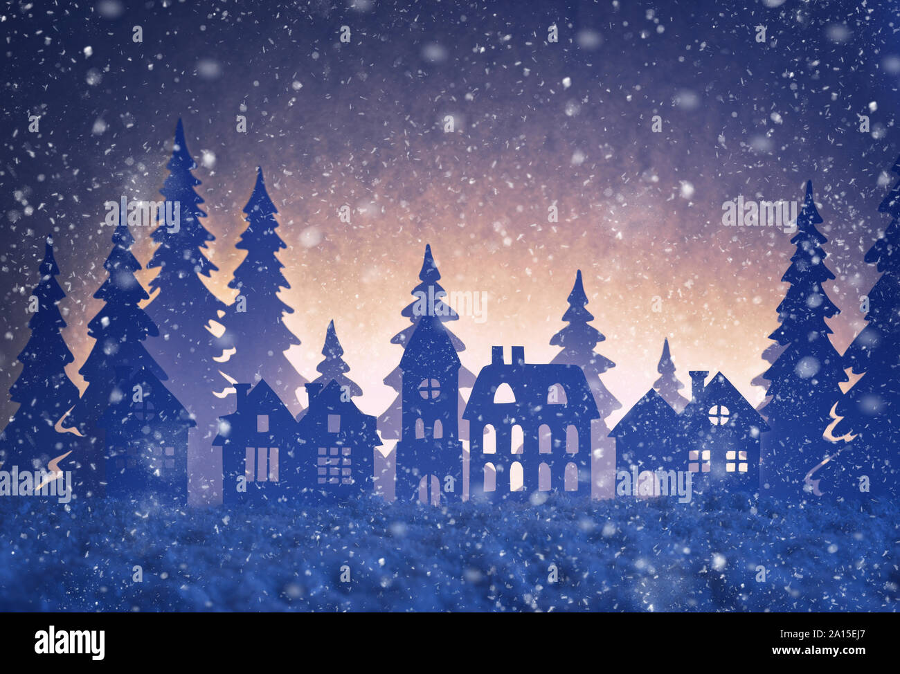 Paper winter landscape with village and Christmas trees in snow night ...