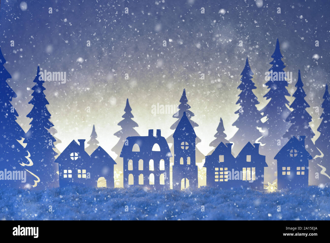 Paper winter landscape with village and Christmas trees in snow night ...