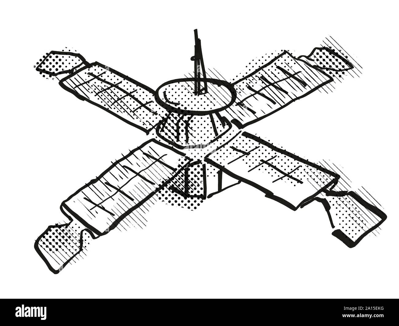 Retro cartoon style drawing of a vintage spaceprobe, space satellite or ...