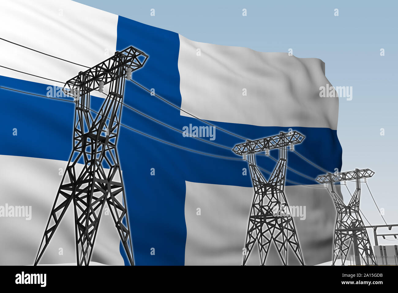 power lines against background flag of Finland. 3d rendering Stock ...