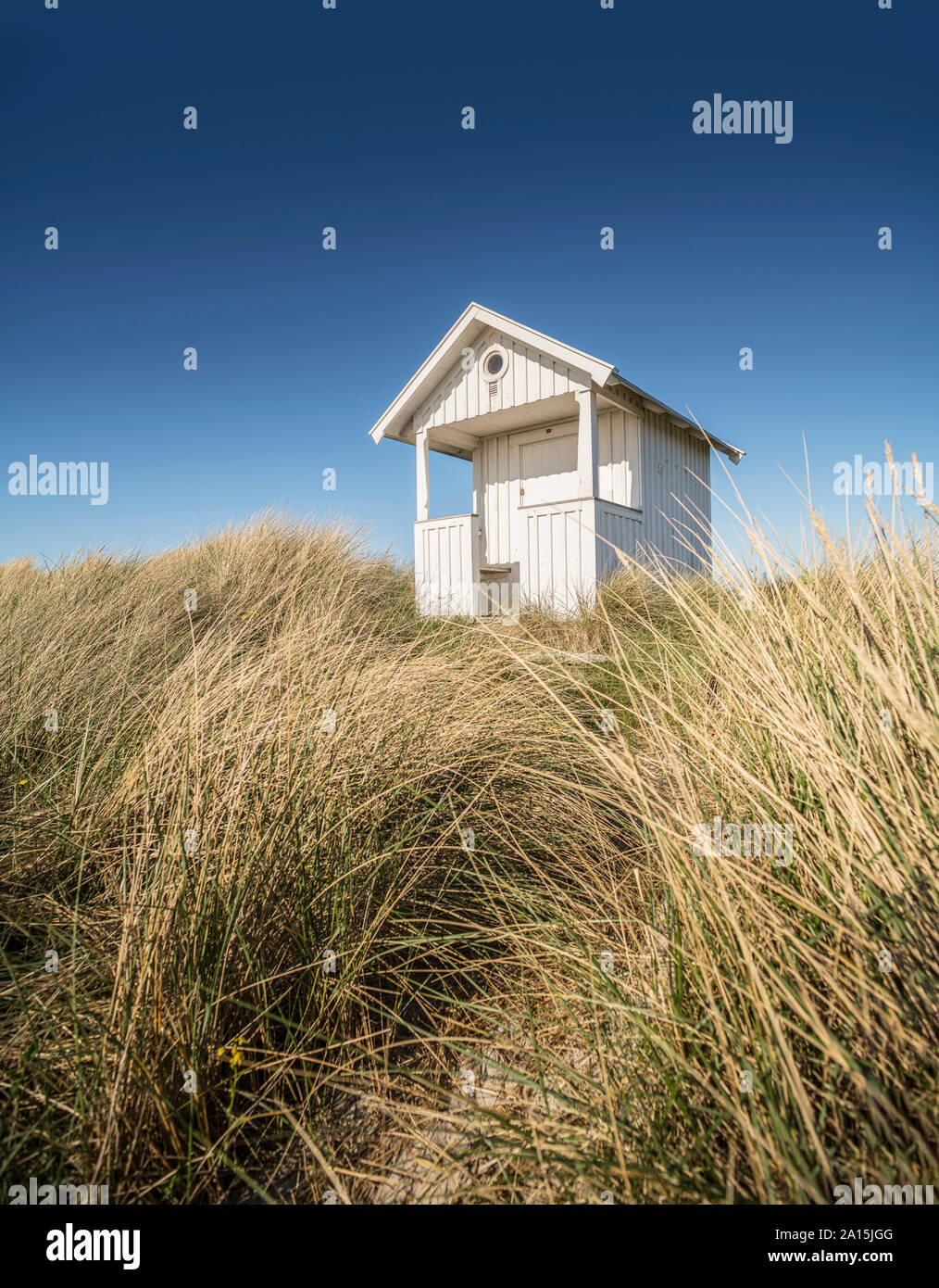 Beach hut and sand dunes at the beach at Skanor, Skane, Sweden ...