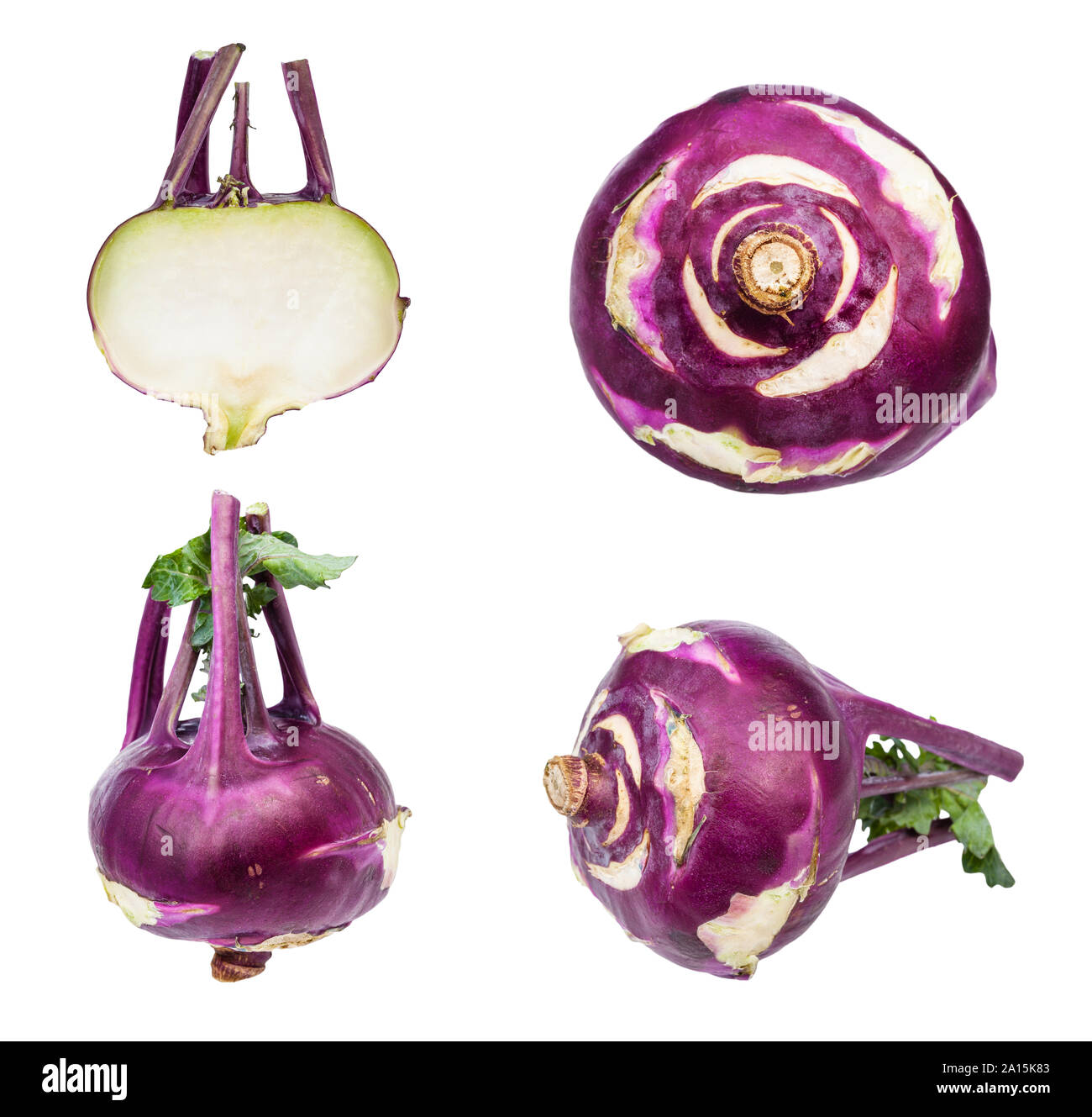 set of bulbs of ripe fresh purple kohlrabi isolated on white background ...