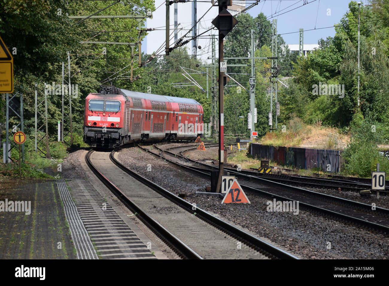 Bonn, Germany - July 21: red locomotive train at the Bonn-Beuel Railway ...