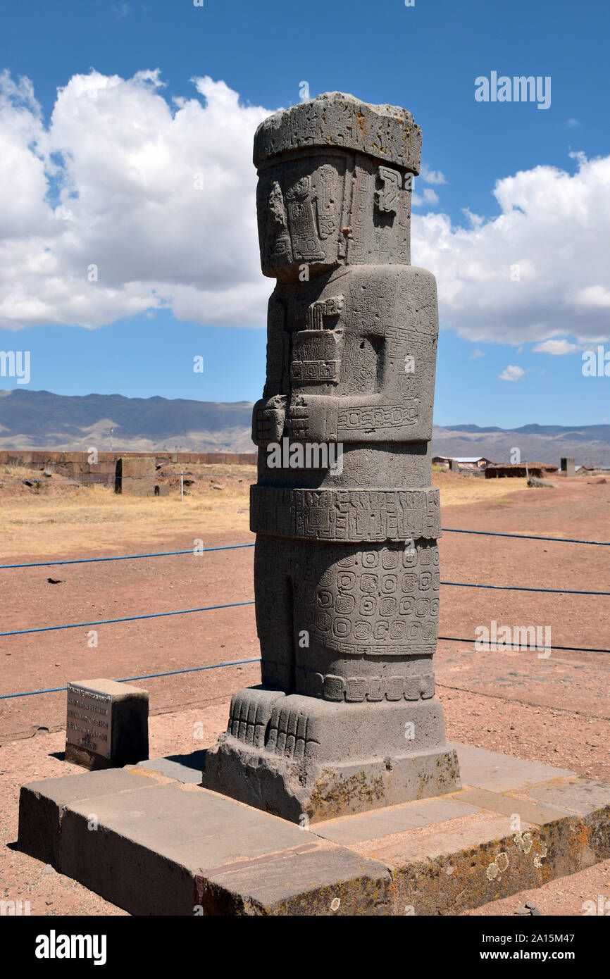 The monumental stone statue from Tiwanaku, Bolivia, known as the Ponce ...