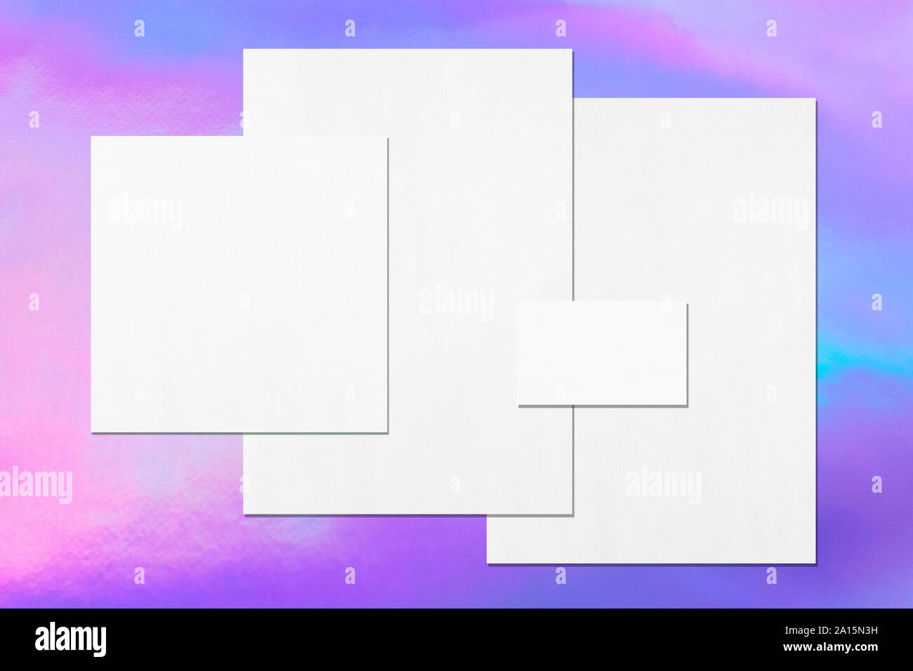 Empty white office stationery mockups with soft shadows on holographic ...