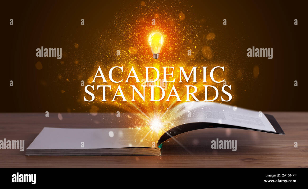ACADEMIC STANDARDS inscription coming out from an open book ...