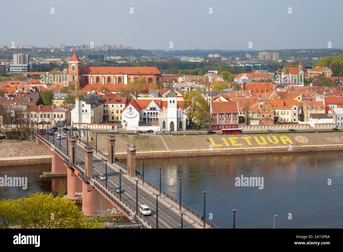Skyline of Kaunas city with river Neris, old town and bridge, Lithuania ...
