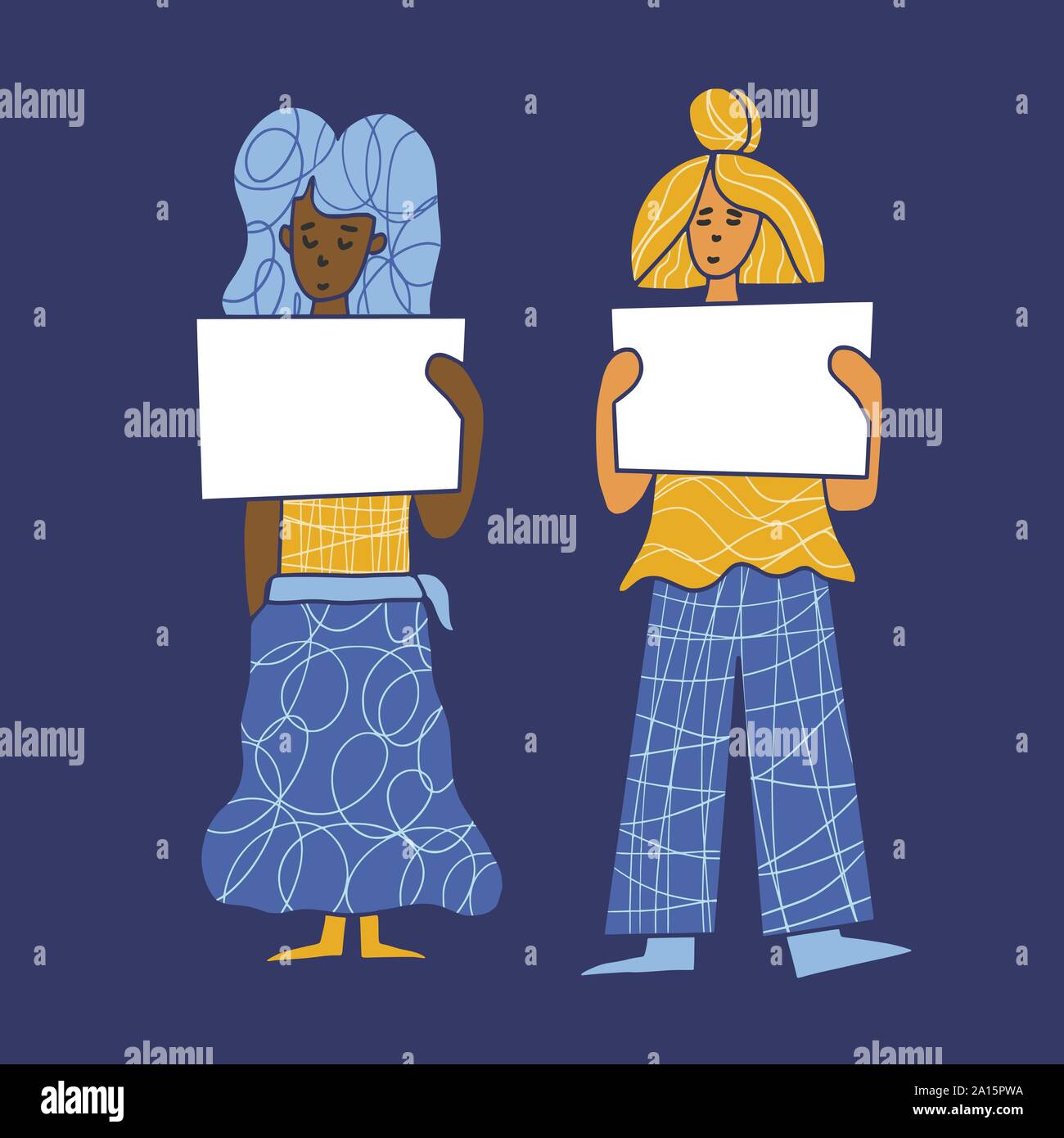 Two activists. Protesting young women standing together with placards ...