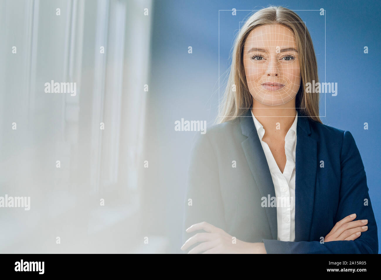 Facial recognition, businesswoman with grid over her face Stock Photo ...