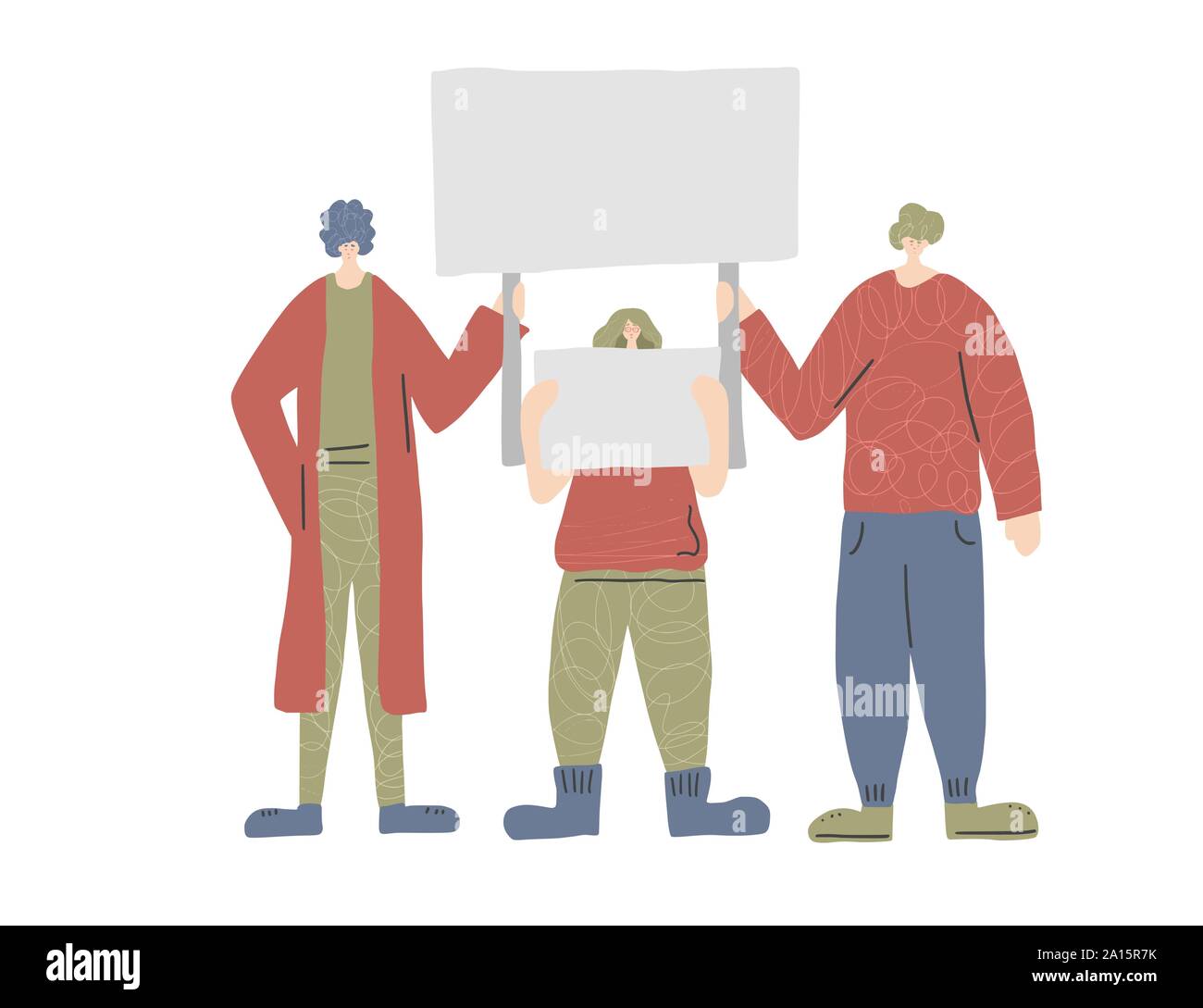 Protesting people standing together with sign boards. Young persons ...