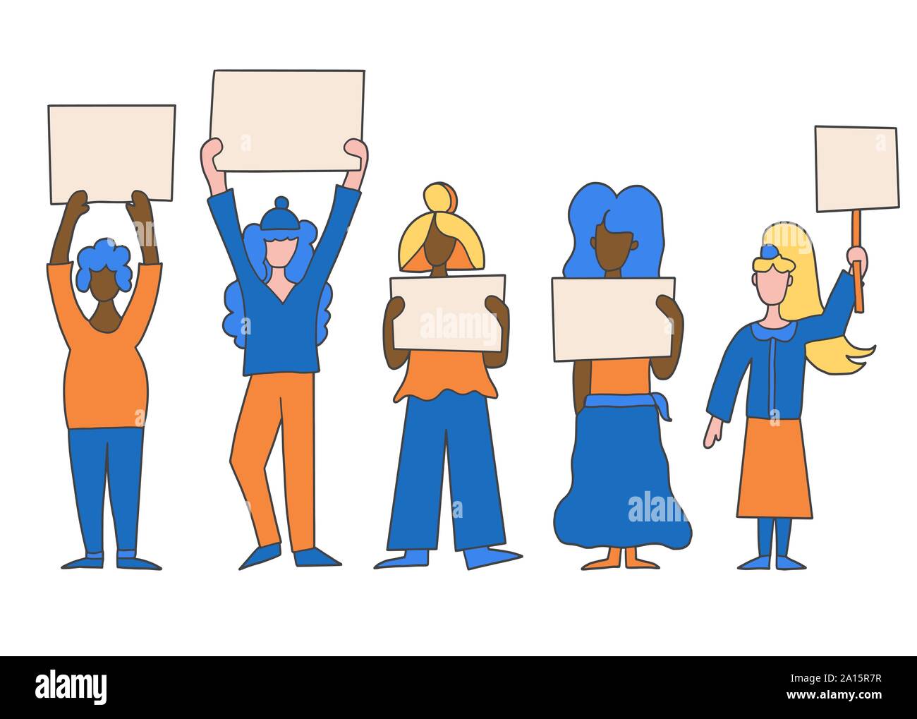 Protesting people standing together with sign boards. Young women ...