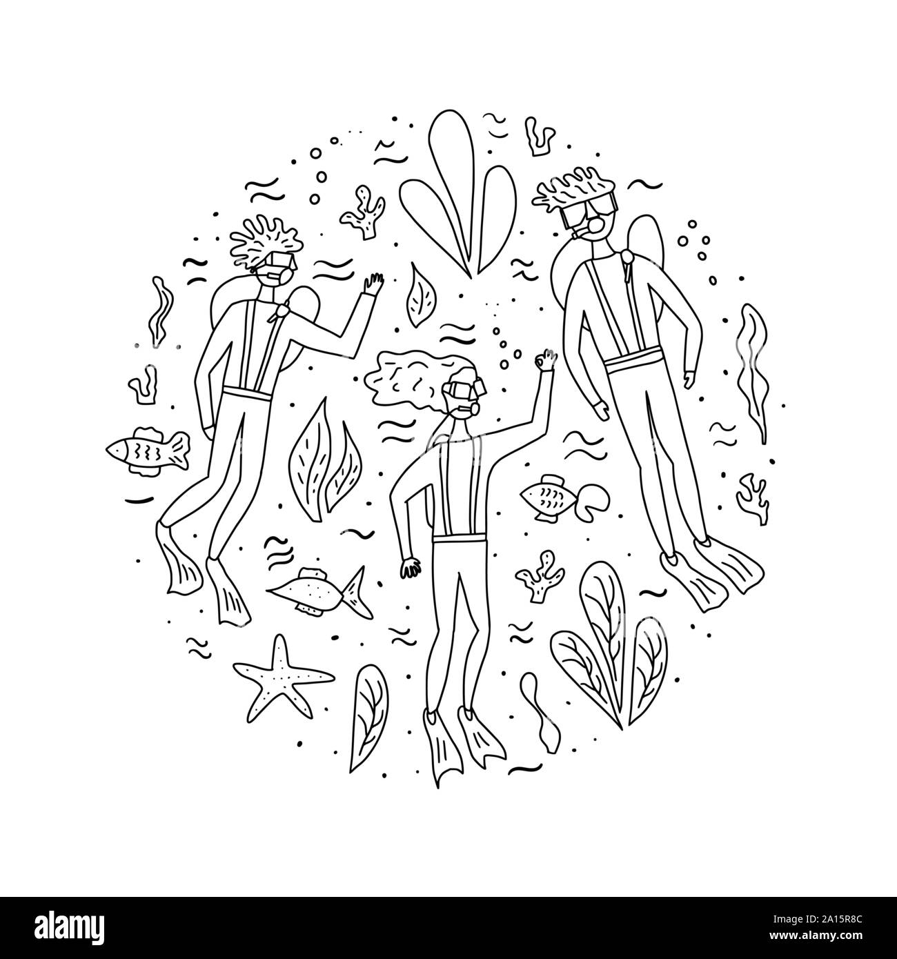 Scuba diving circle composition. Collection of aquipment, divers and ...