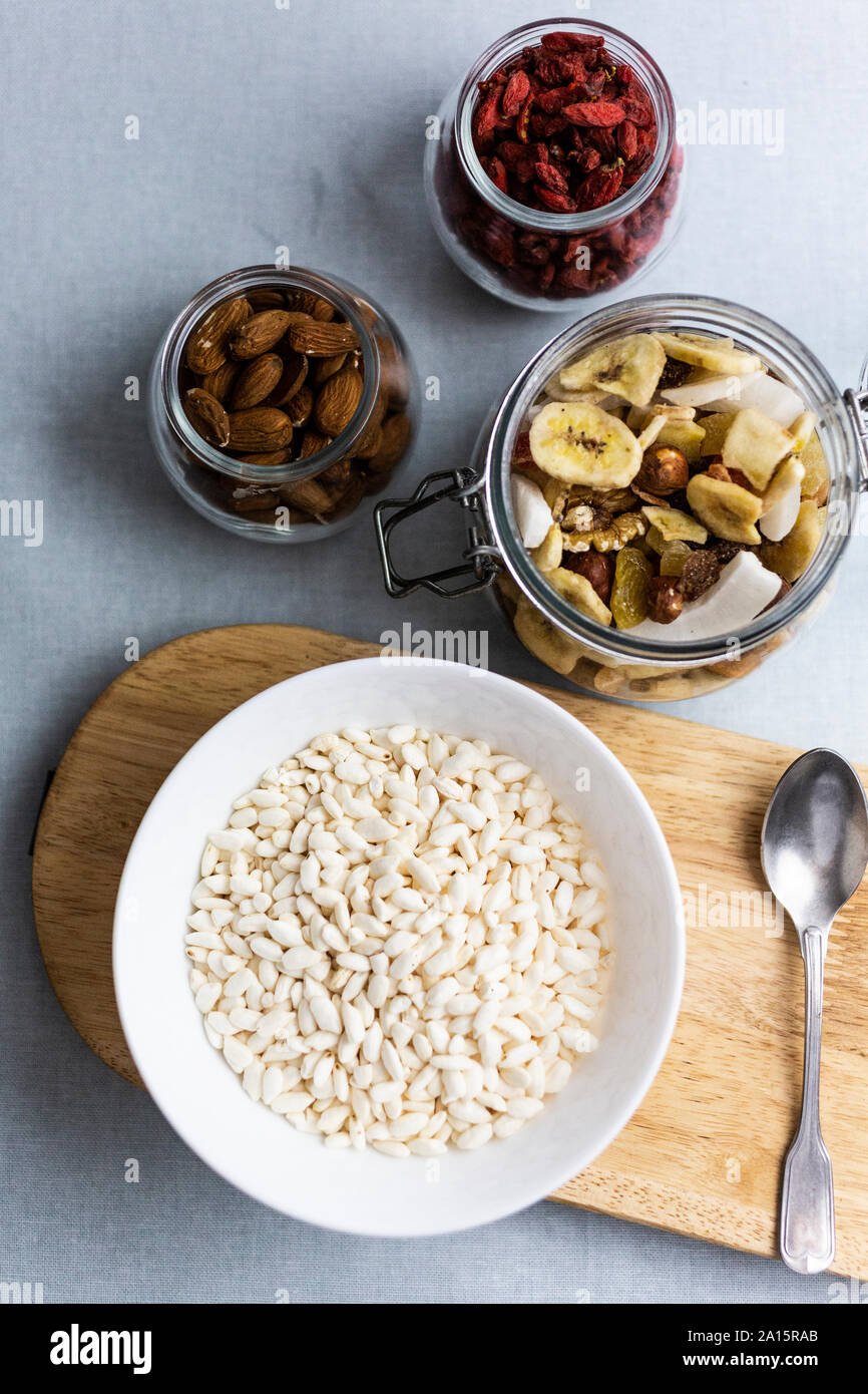 Bowl of puffed rice and muesli ingredients seen from above Stock Photo ...
