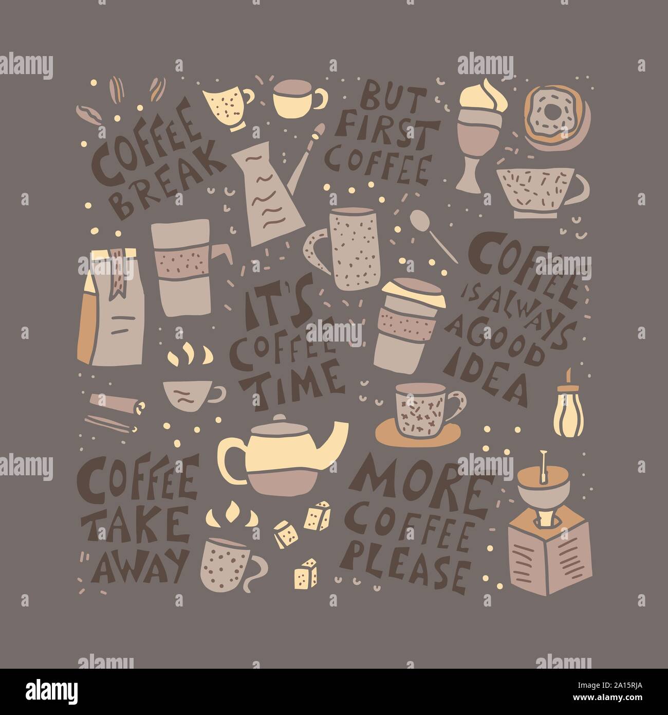 Poster template with hot beverages and lettering. Coffee mugs with ...