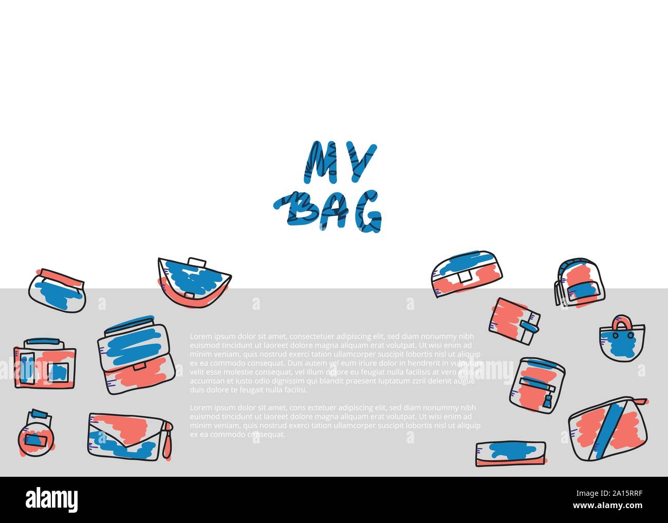 Banner template with woman handbags. Collection of purses in doodle ...