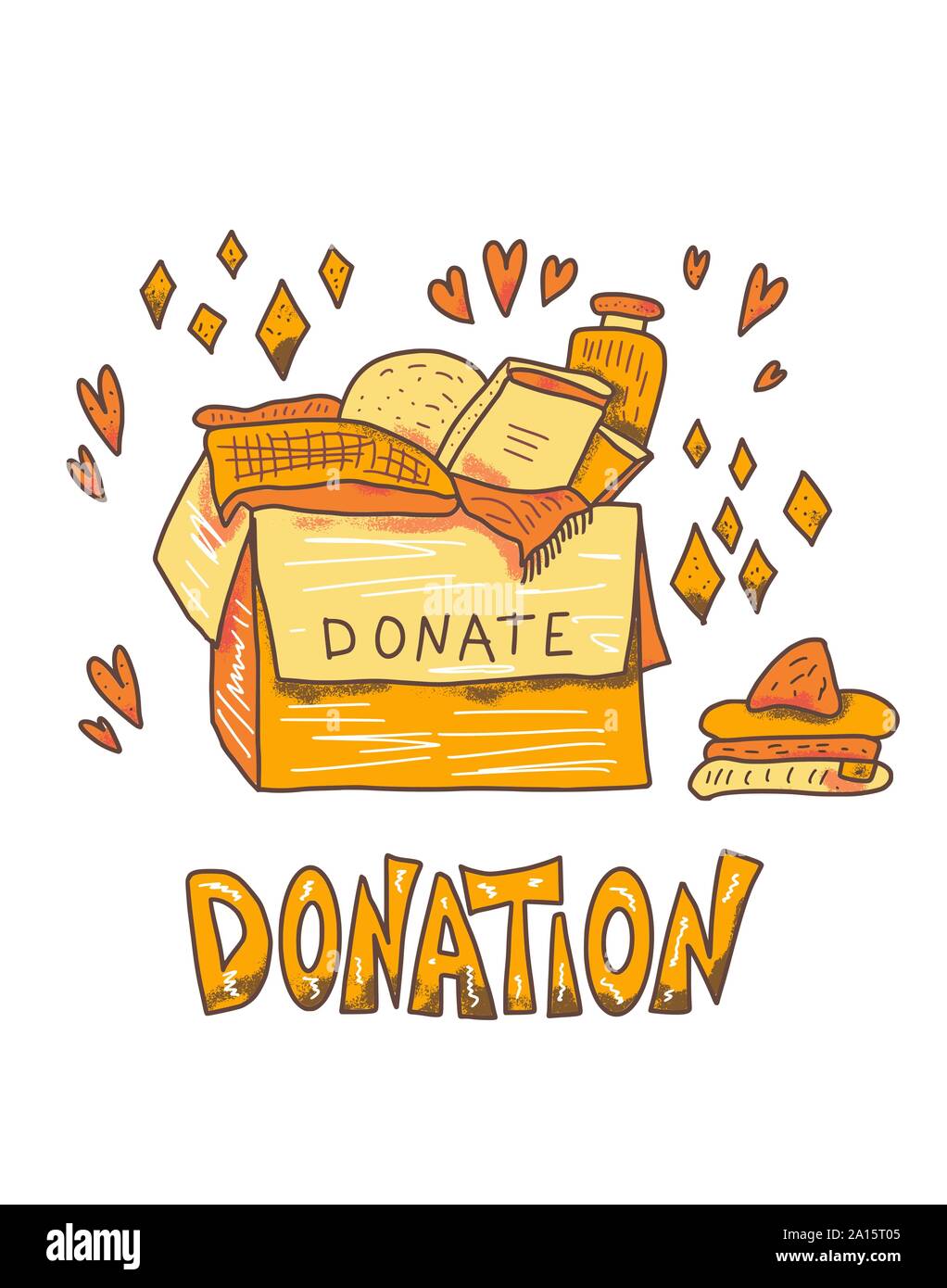 Donation concept. Box with stuff and text. Donate things with lettering ...