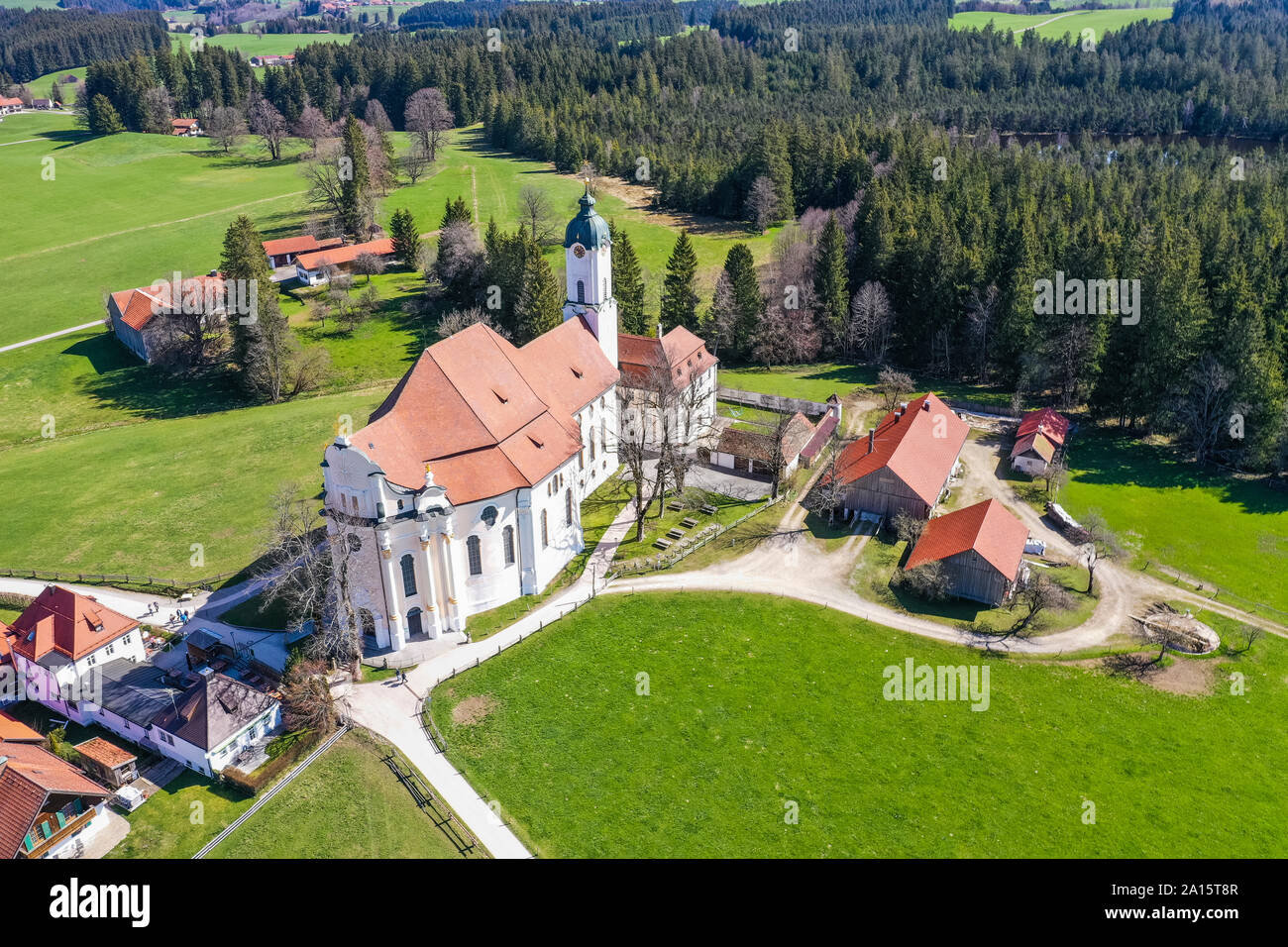 Aerial of Wieskirche Church, Steingaden, Bavaria, Germany Stock Photo ...