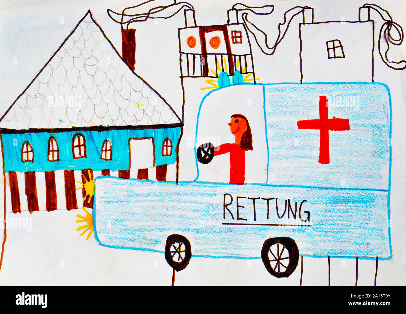 Child's drawing of an ambulance rescue mission Stock Photo - Alamy