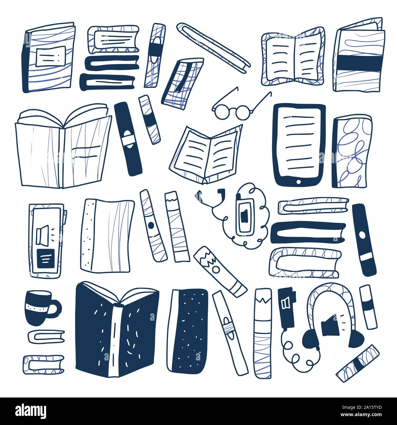 Book set in doodle style. Symbols of reading isolated on white ...