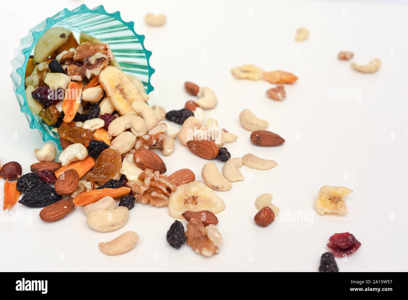Healthy snack food trail mix of mixed nuts and dried fruits Stock Photo ...