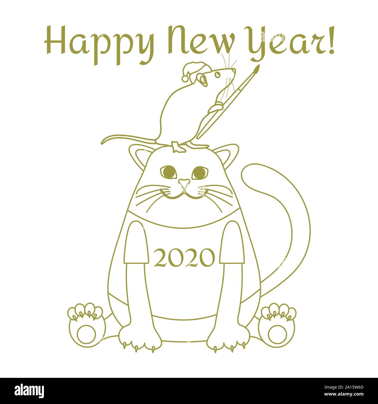 Happy new year 2020. Funny cartoon vector illustration with rat and cat ...
