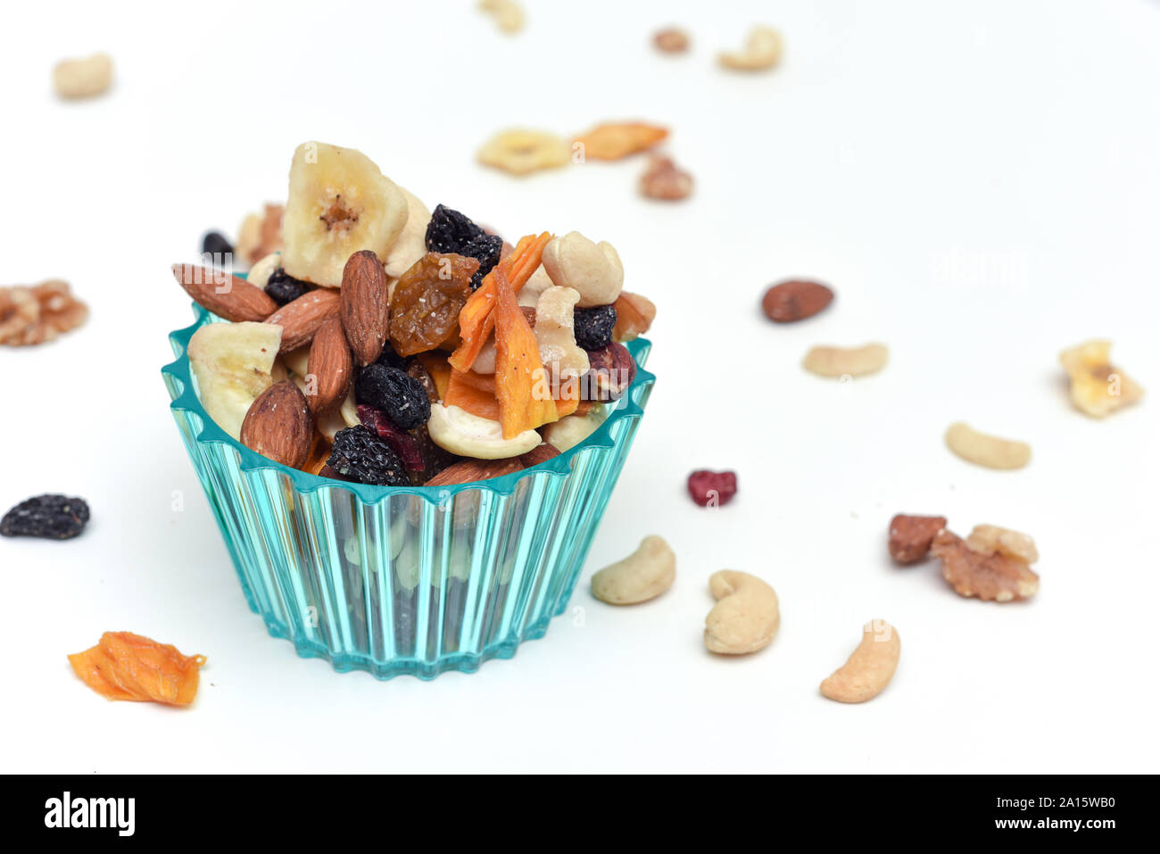 Healthy snack food trail mix of mixed nuts and dried fruits Stock Photo ...