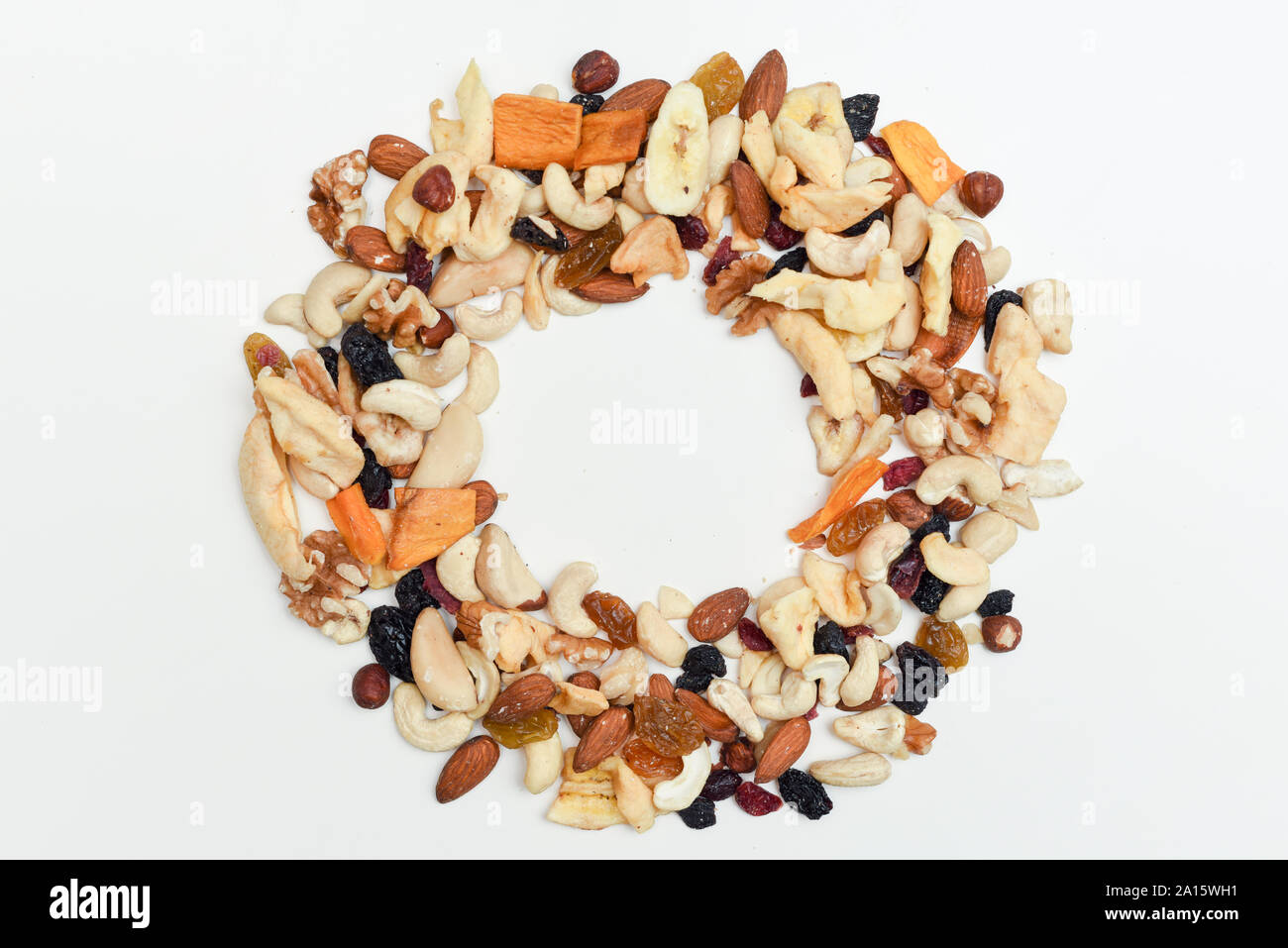 Healthy snack food trail mix of mixed nuts and dried fruits Stock Photo ...