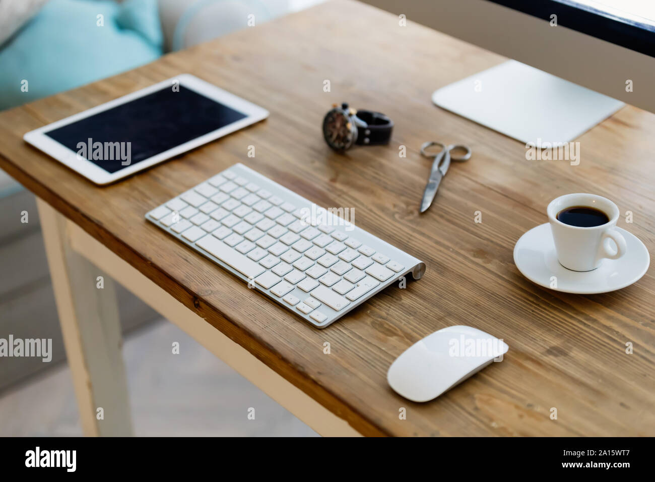 Picture of office desk with tablet computer and other accessories Stock ...